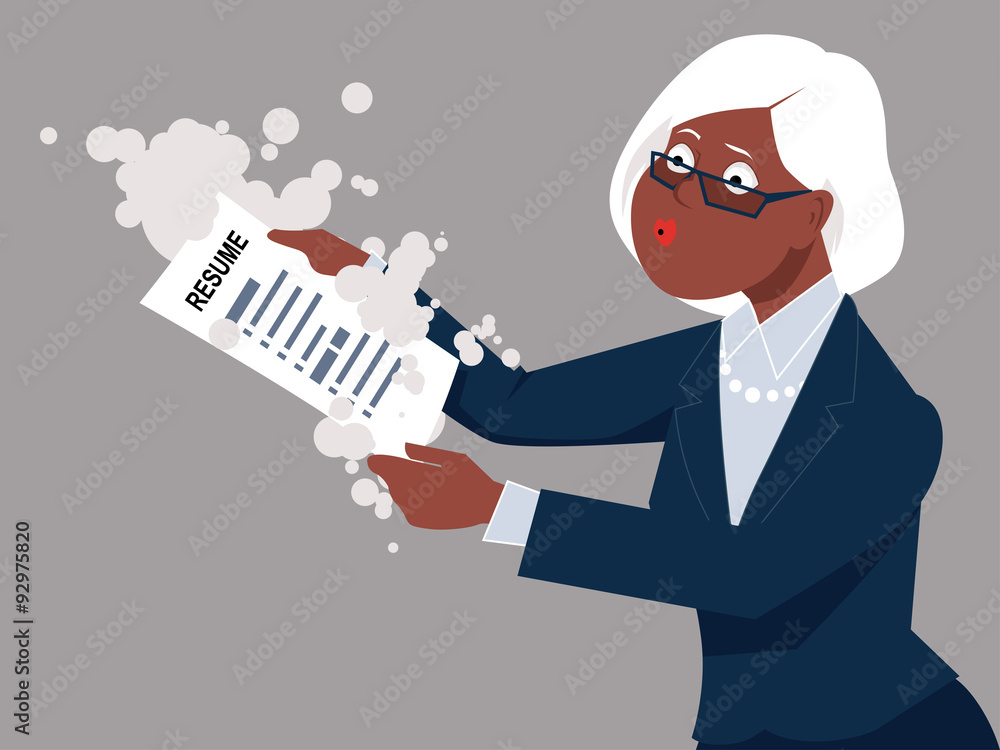 Senior woman blowing off dust from her resume, returning to work, ESP 8 ...