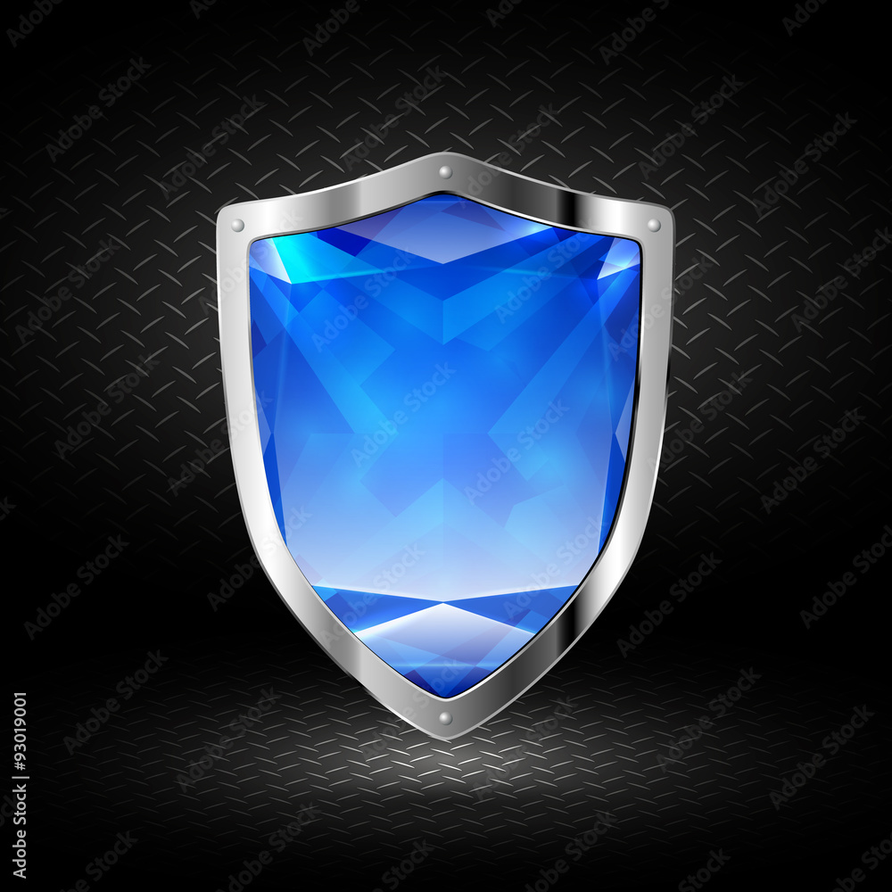 Blue crystal shield in chrome Stock Vector | Adobe Stock