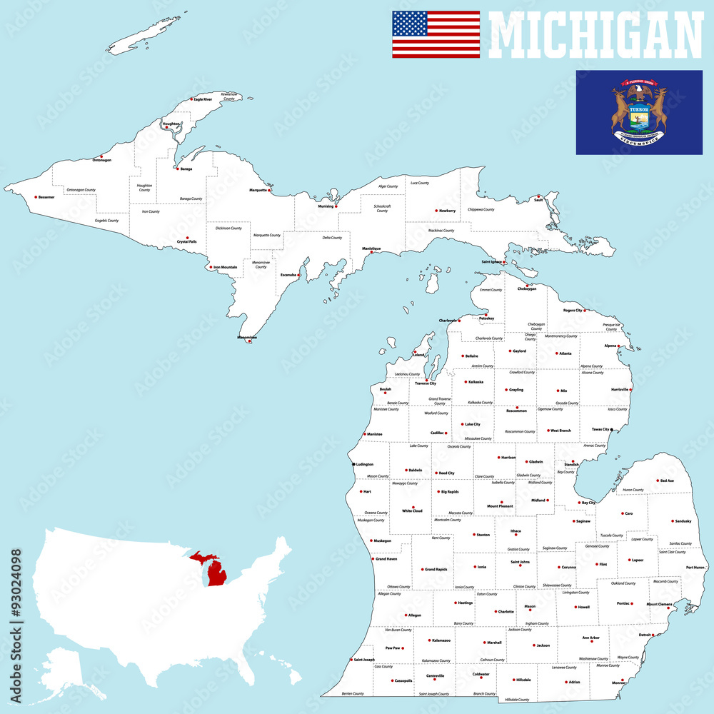 Vector de Stock Large and detailed map of the State of Michigan with ...