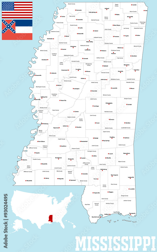 Large and detailed map of the State of Mississippi with all counties ...
