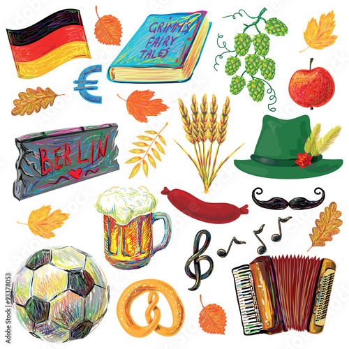 Germany travel traditional food and attractions symbol set. A set of ...