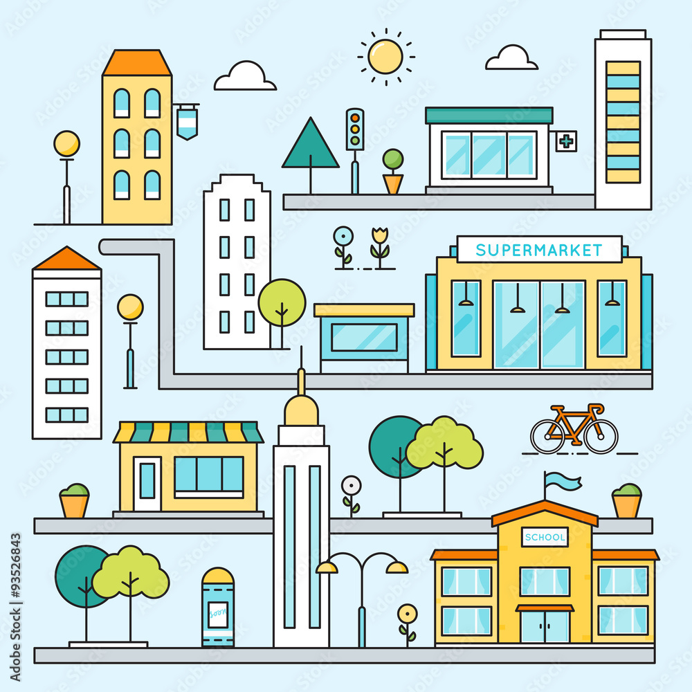 City Map with Streets, Buildings and Places Vector Outline Colored ...
