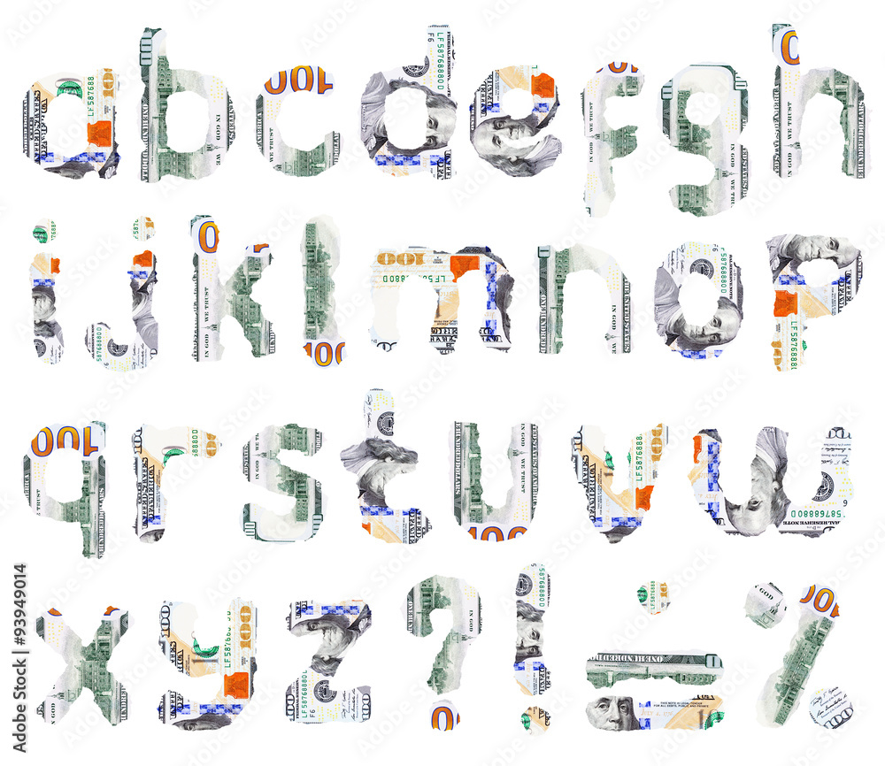 26 isolated small letters of English alphabet and other marks torn out ...