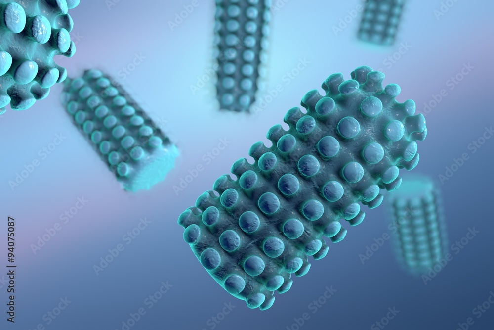 Background with viruses. Rabies virus, a virus transmitted by bites of ...