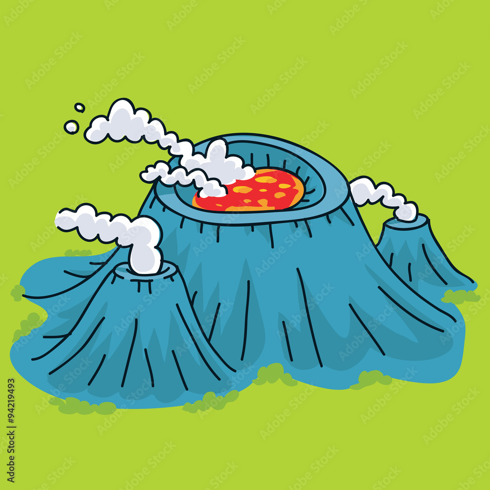 Steaming cartoon volcano with three peaks and a puddle of molten lava ...