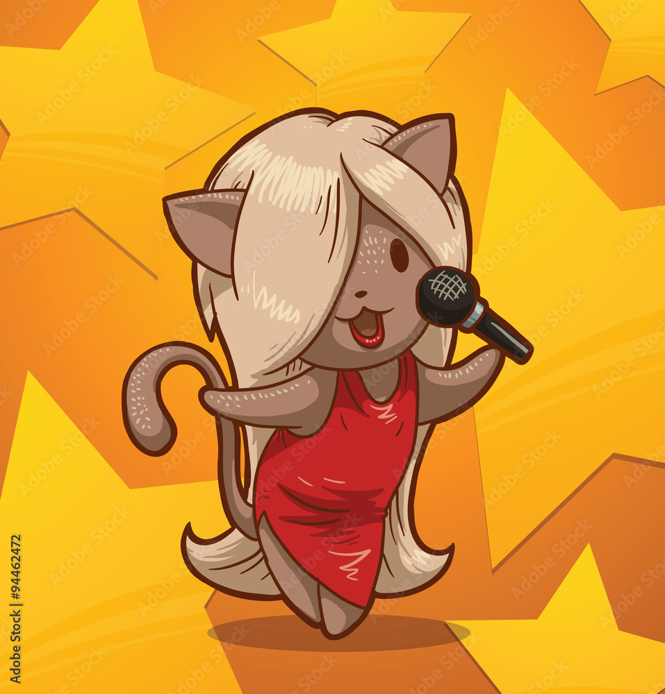 Vector cartoon image of a cat woman pop singer in a red dress with long ...