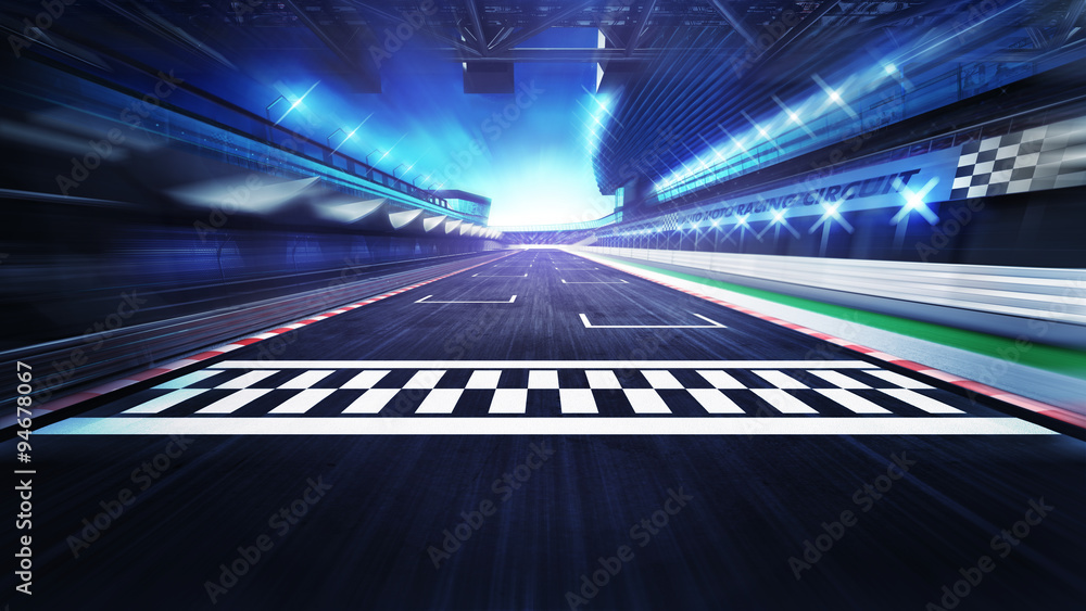 finish line on the racetrack with spotlights in motion blur Stock ...