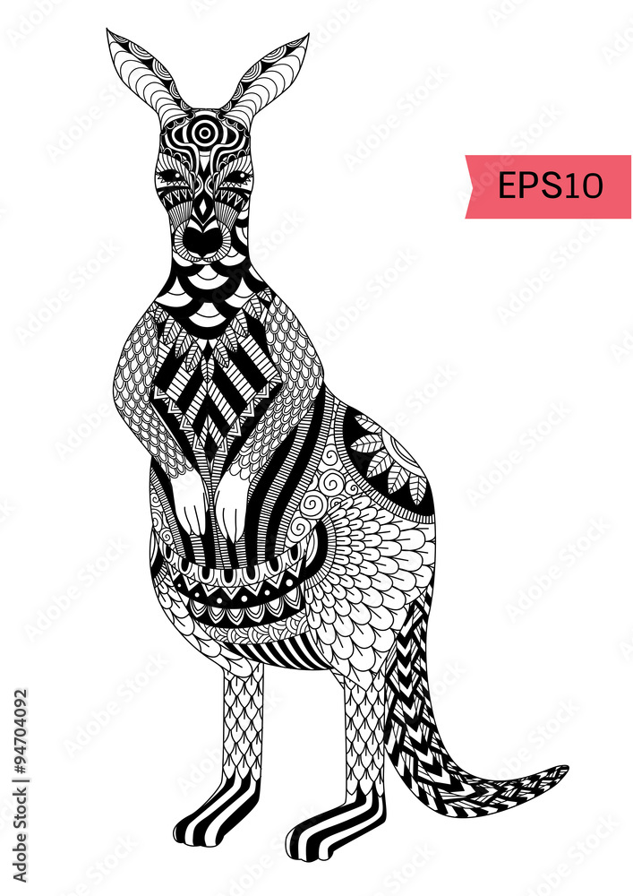 Drawing zentangle kangaroo for coloring page, shirt design effect, logo ...