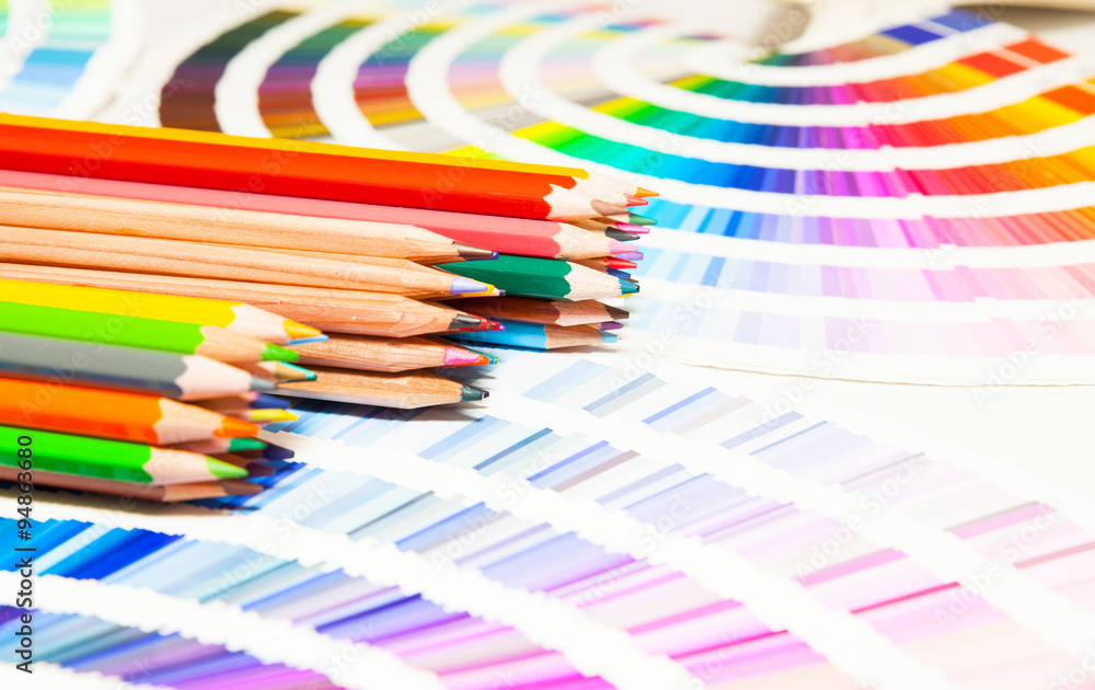colored pencils and color chart of all colors Stock Photo | Adobe Stock