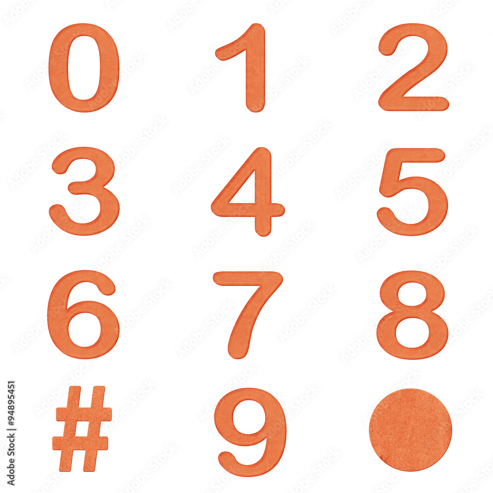 Set of orange color number in Paper craft texture isolated on w Stock ...