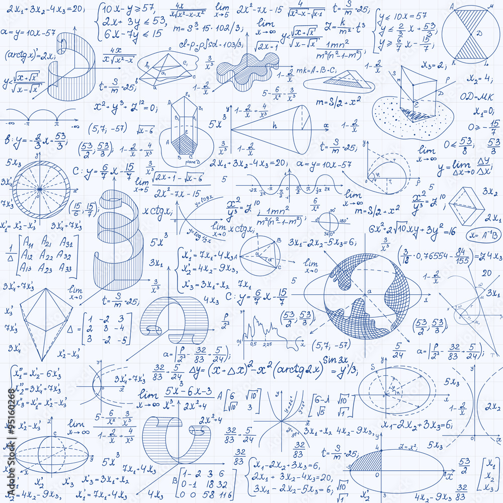 Math Education Vector Seamless Pattern With Figures Handwritten Formulas Tasks Plots And