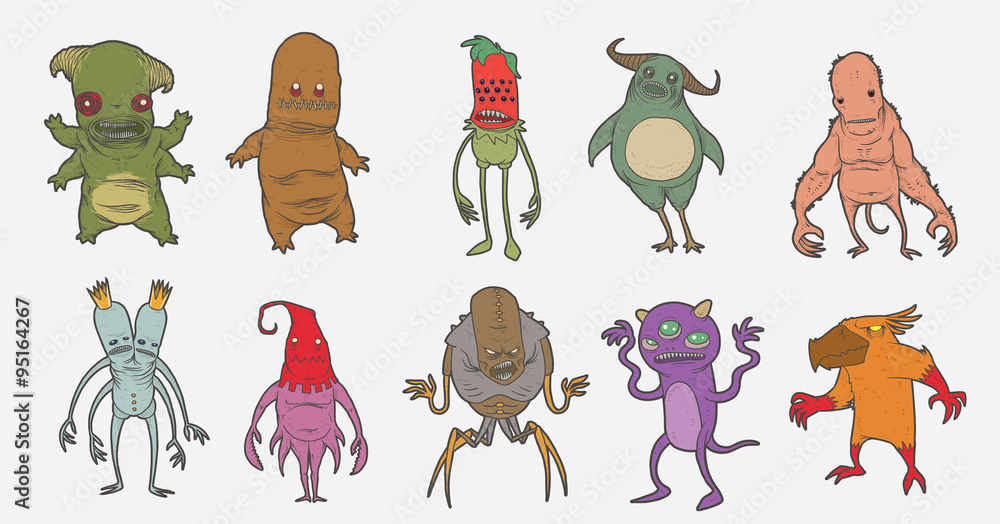 Cartoon image of ten different monsters mutants of various shapes ...