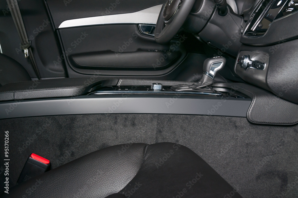 Interior of a modern automobile showing the automatic transmission ...