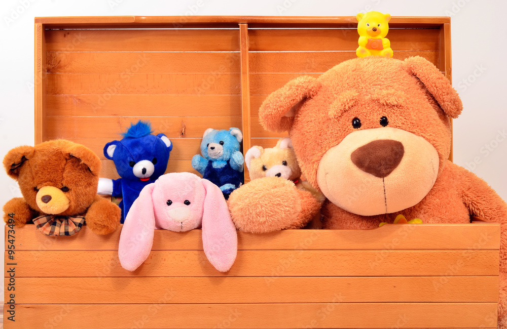 Child trunk with a big teddy bear and small plush toys. Chest with cute ...