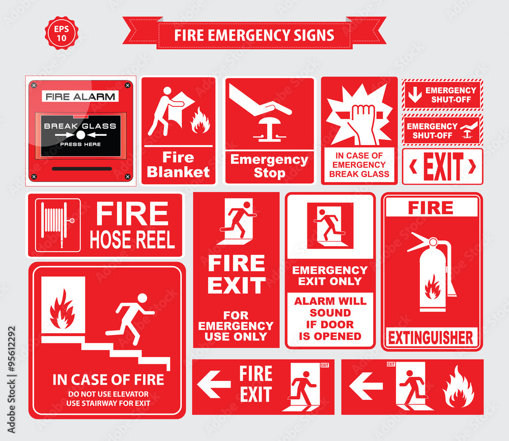 เวกเตอร์ Stock Fire Emergency signs (emergency shut-off, break glass ...