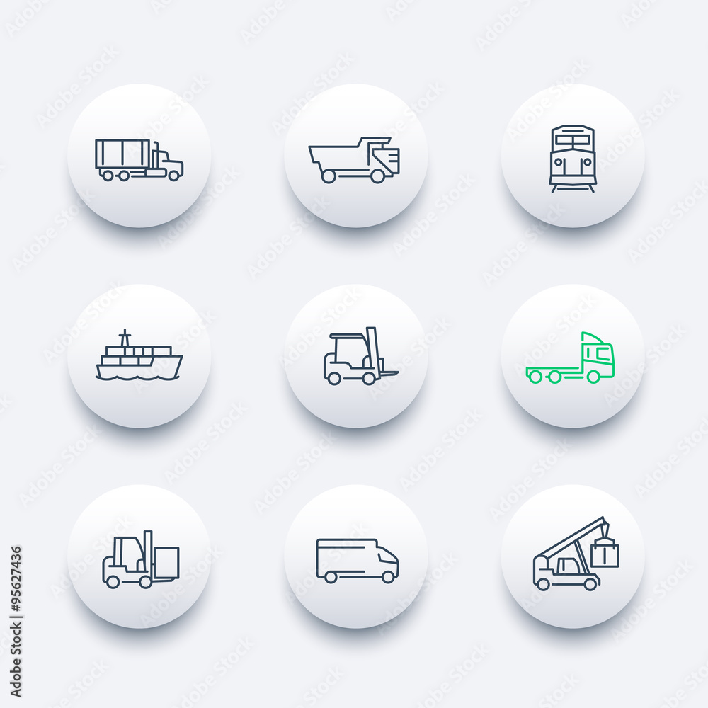 Transportation, line round modern icons, Cargo truck, Freight train, Forklift, vector ...