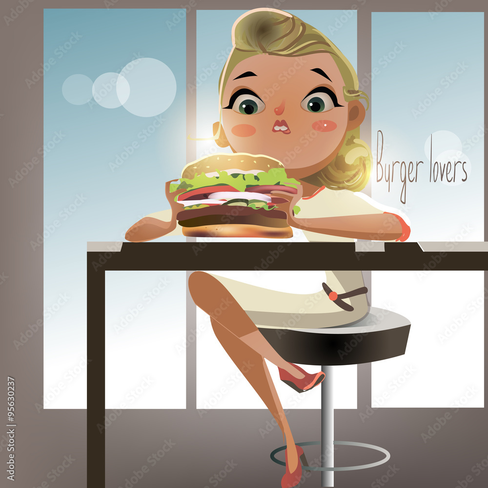 Girl eating burger - vector illustration Stock Vector | Adobe Stock