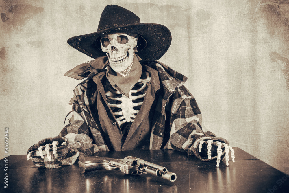 Old West Skeleton Revolver. Old west bandit outlaw skeleton at a poker ...