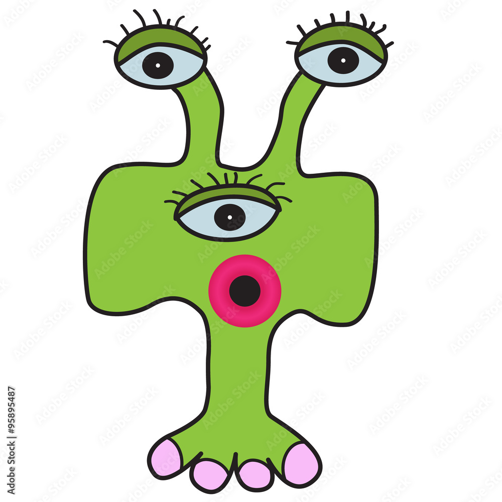 Three-eyed and one-legged cartoon monster. Doodle. Vector image. Stock ...
