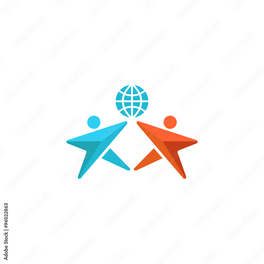 Two man logo globe, hands up together, people friendship symbol ...