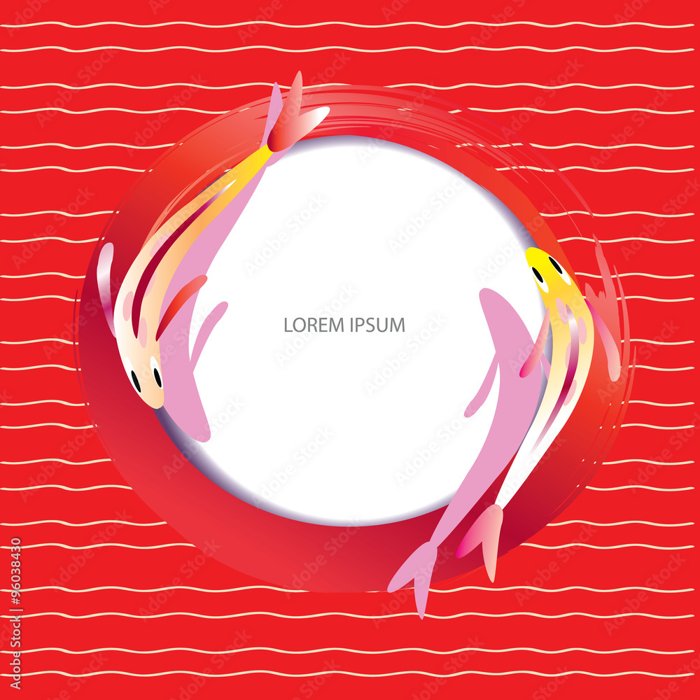 Gold fish on red circle frame - koi carps in red zen circle. Bright red ...