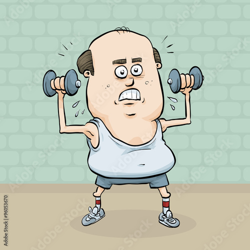 A cartoon of an out-of-shape, middle-aged man working out with weights ...