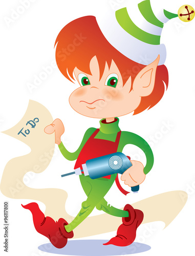 Busy Christmas elf carrying hand drill and to-do list Stock Vector ...