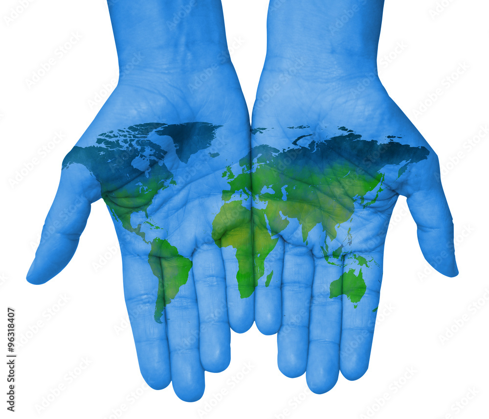 Mani con planisfero, cartina del mondo disegnata. Il mondo in mano ...