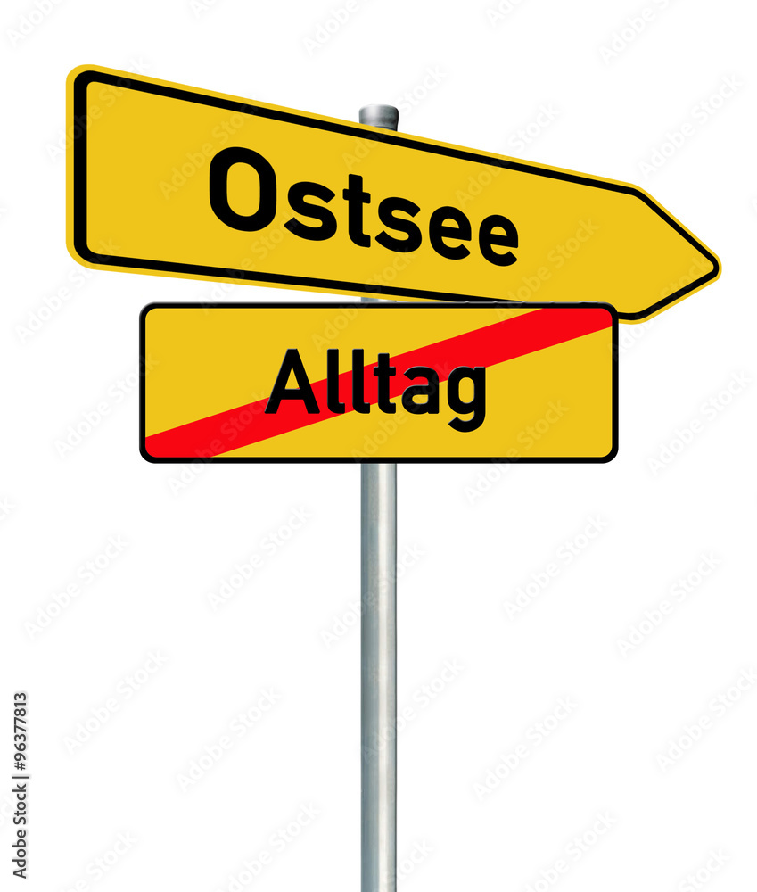 Ostsee 14 / Wegweiser Schild "Alltag (durchgestrichen)", freiges Stock ...