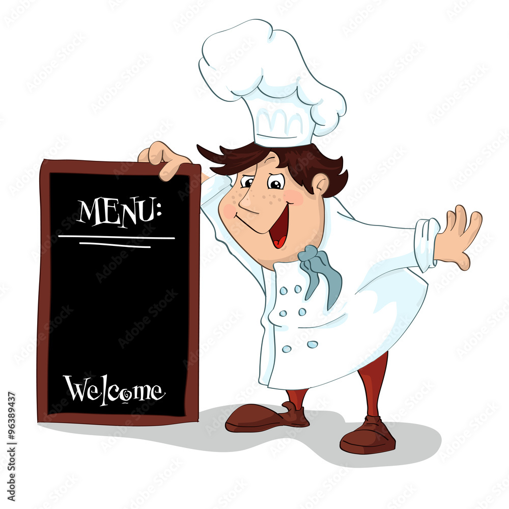 Cartoon cook with menu sign for restaurant. Illustration, vector Stock ...