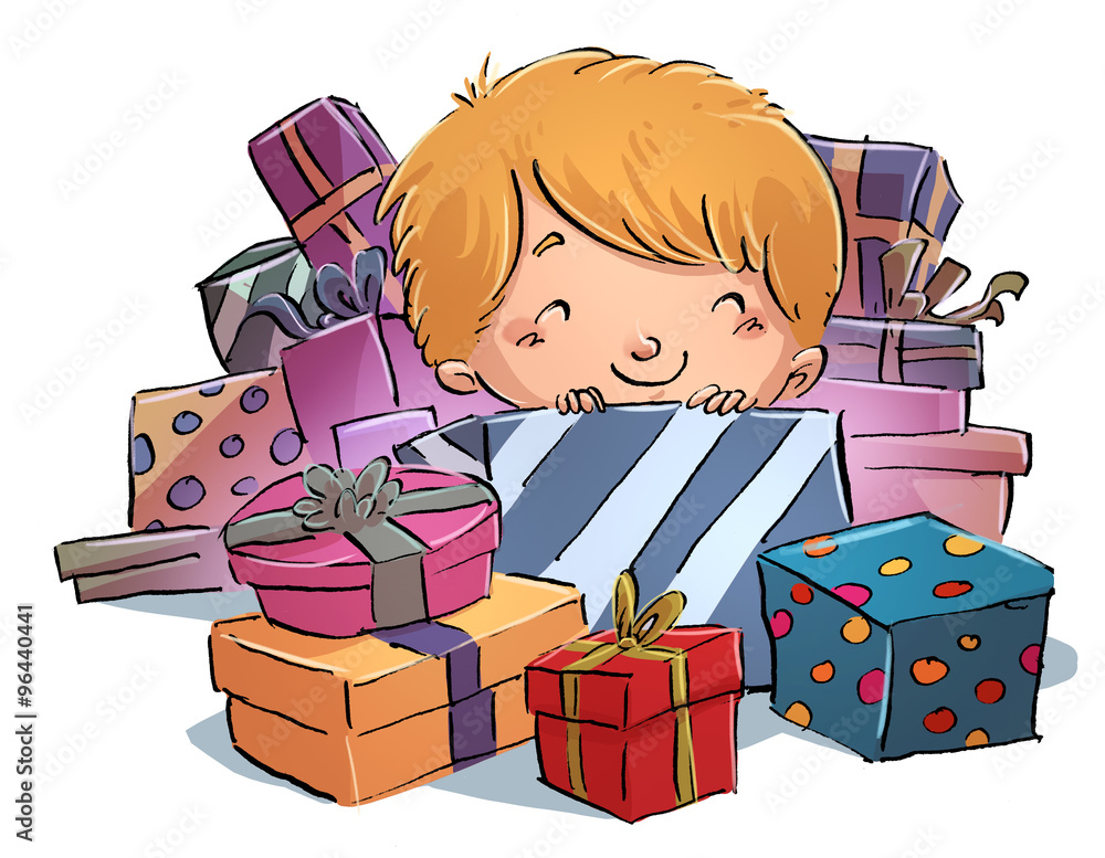 Ilustración de Stock niño con muchos regalos | Adobe Stock