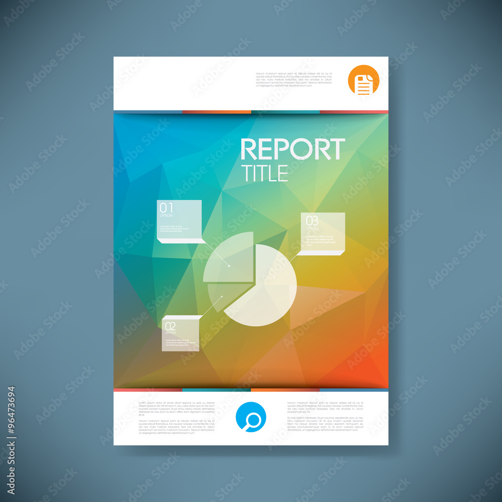Report cover template with pie chart symbol and 3d low poly vector ...
