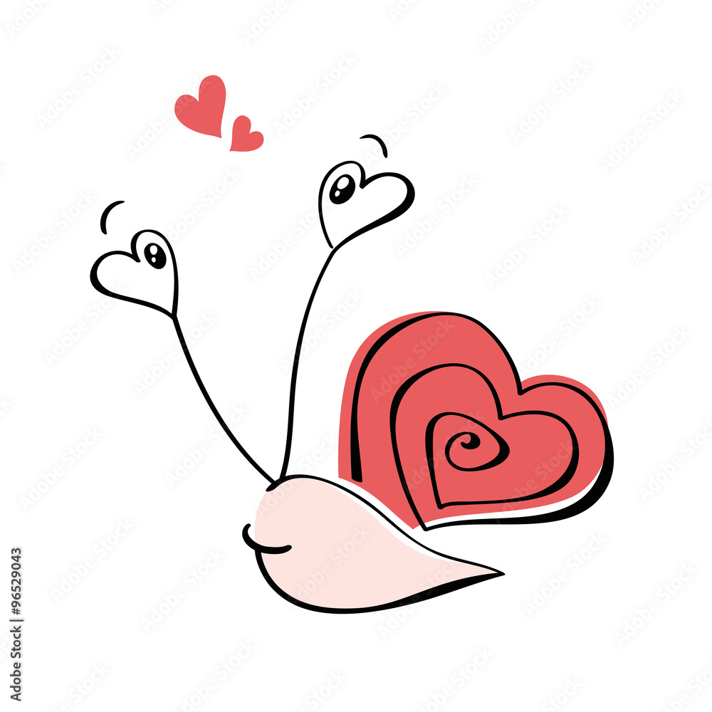 Simple line art of cute snail in love with heart shaped house and big ...