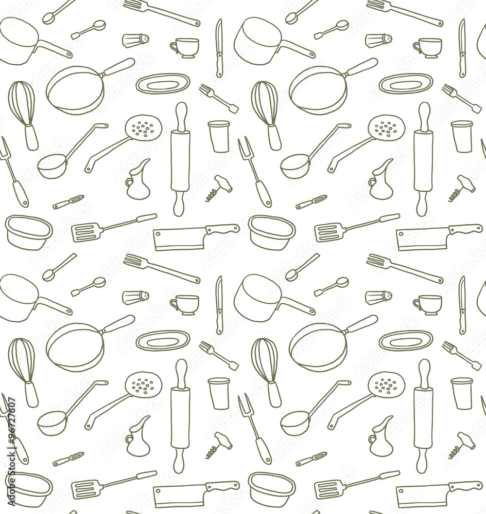Stock-Vektorgrafik „Vector Kitchen Utensils seamless pattern, line art. Line seamless image of ...