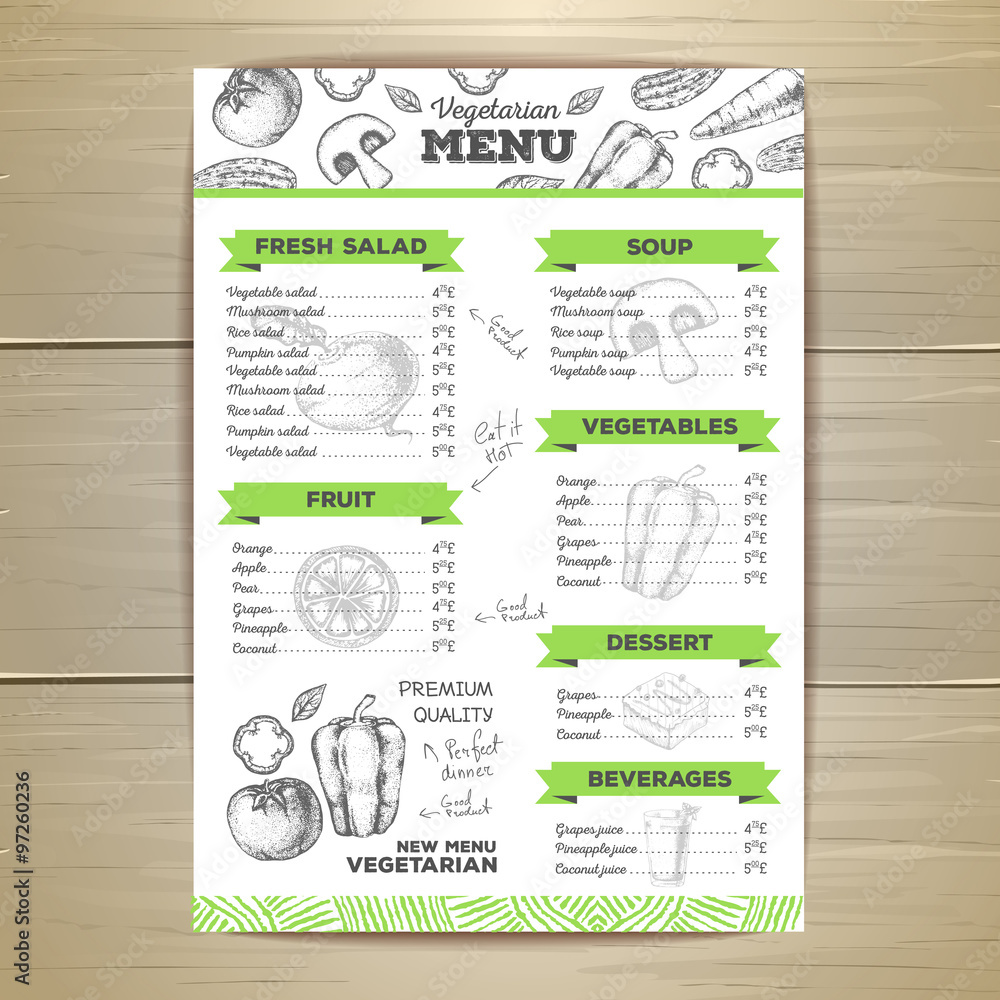 Vintage vegetarian food menu design. Stock Vector | Adobe Stock