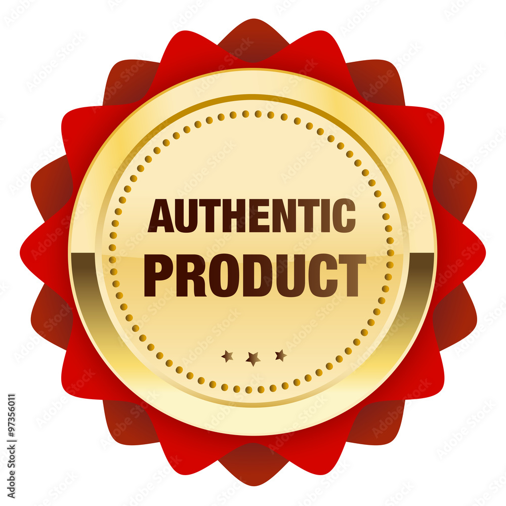 authentic product seal or icon. Glossy golden seal or button with stars ...