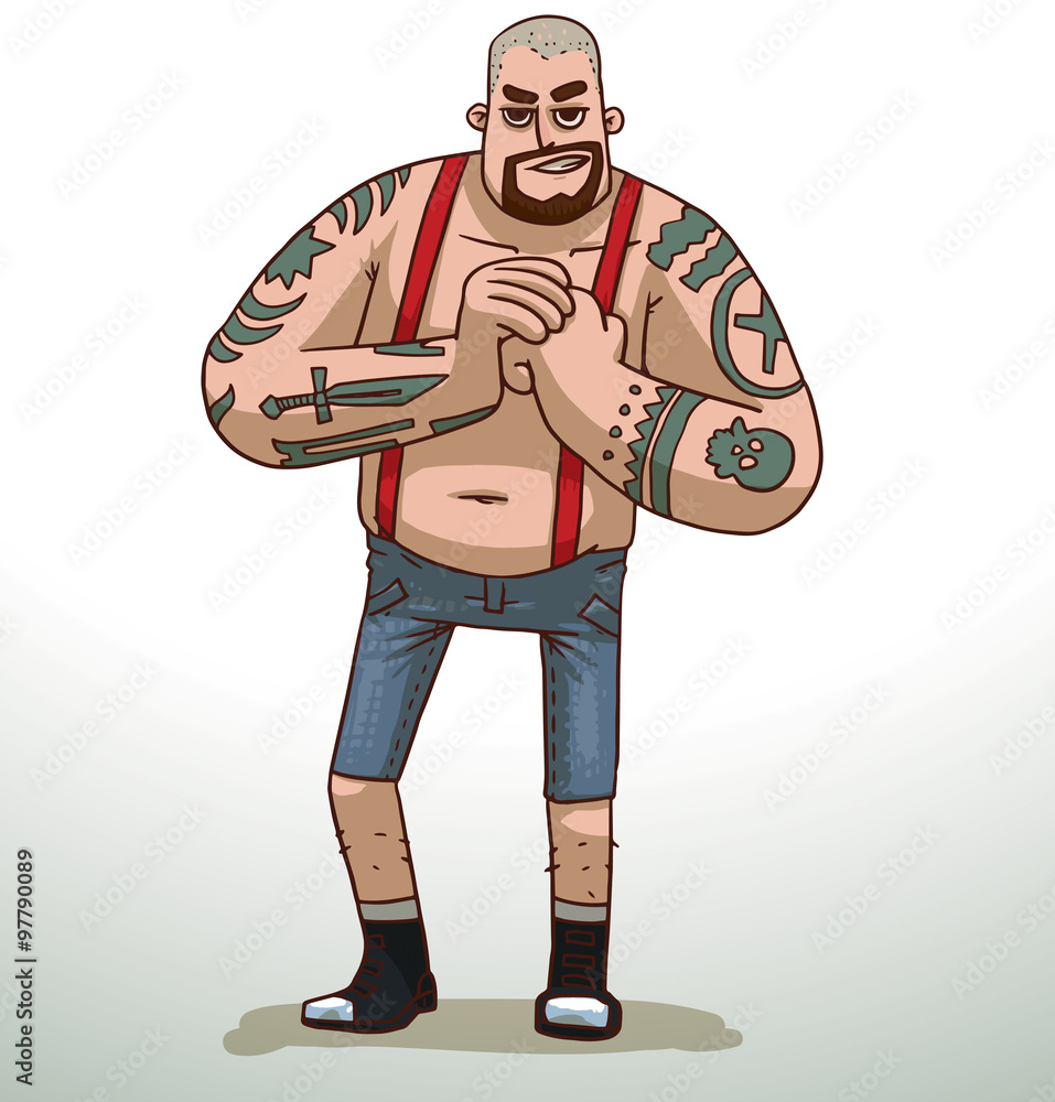 Vector cartoon image of a big man criminal with a shaved head , with a ...