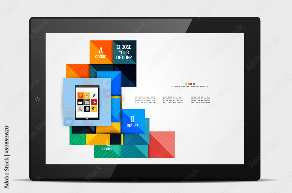 Geometric square shapes and infographic option elements with tablet ...