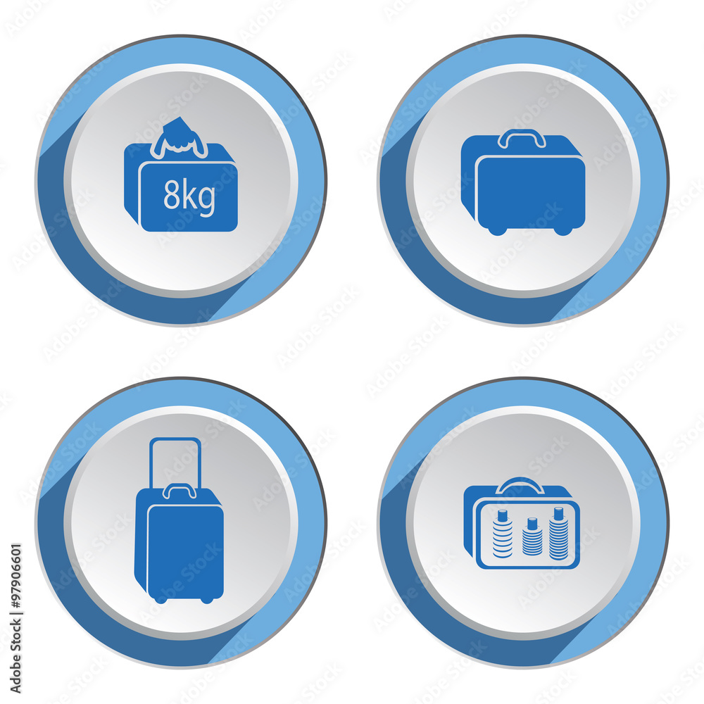 Airport baggage icon set. Hand luggage for traveling. Info symbol. Blue ...