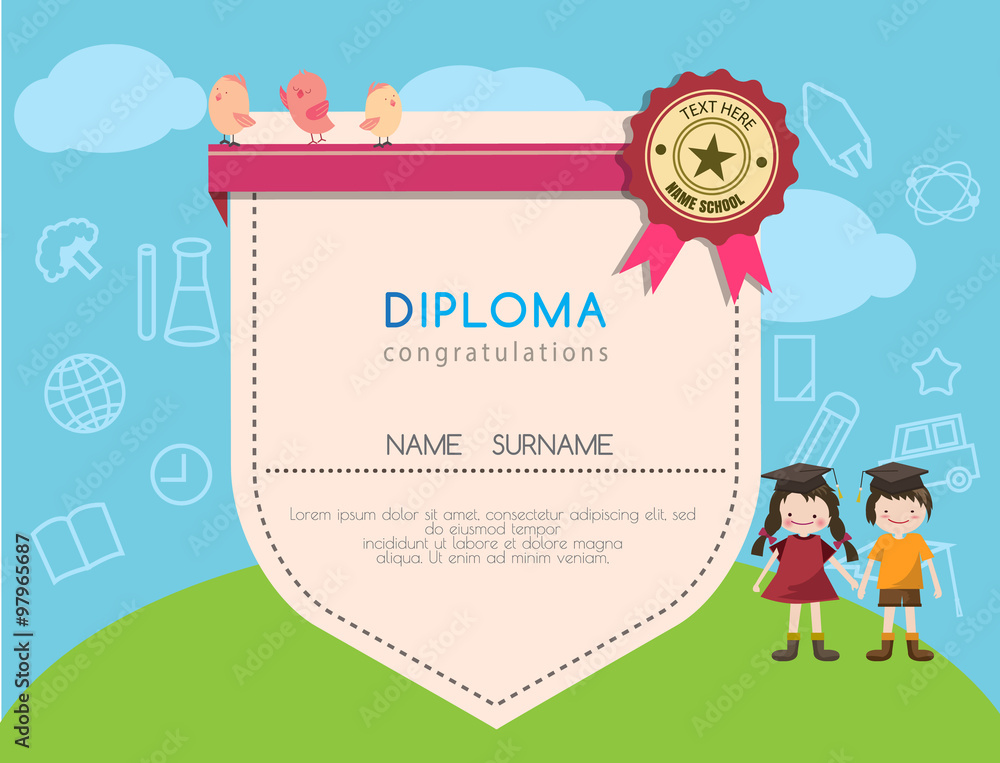 Kids diploma preschool certificate elementary school design template ...
