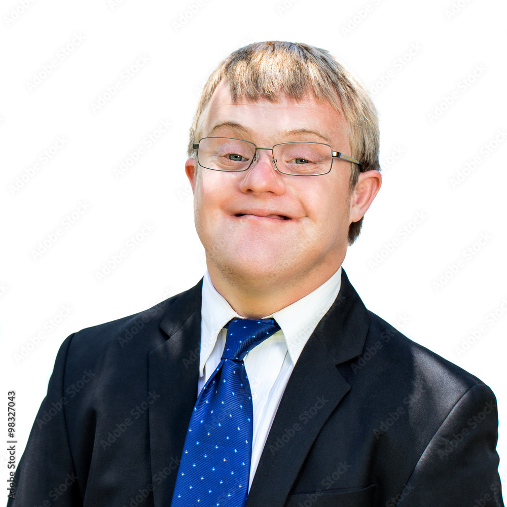 ภาพถ่าย Stock Portrait of friendly man with down syndrome wearing suit ...