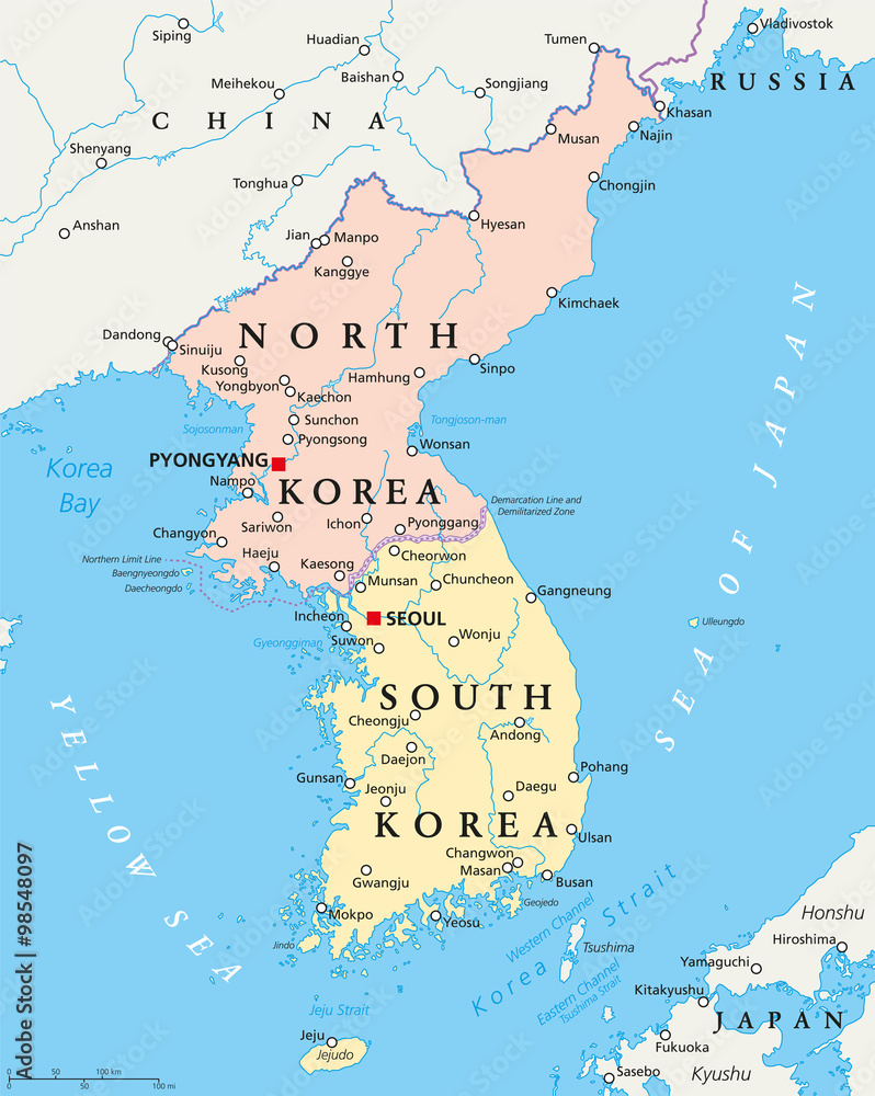North Korea and South Korea political map with capitals Pyongyang and ...