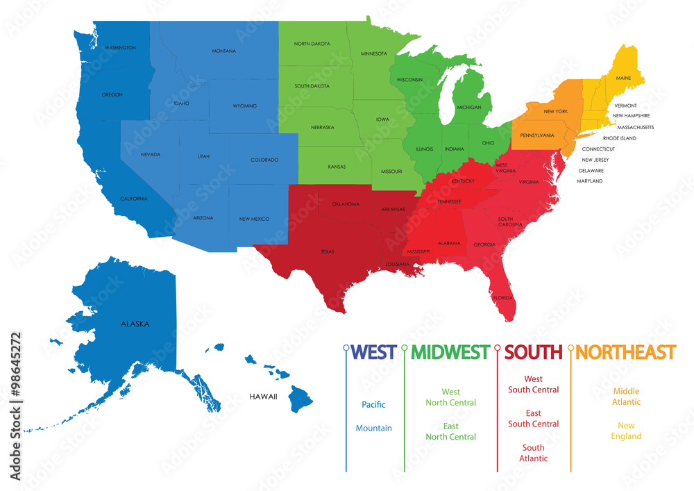 Map of US regions. Maps USA Stock Vector | Adobe Stock