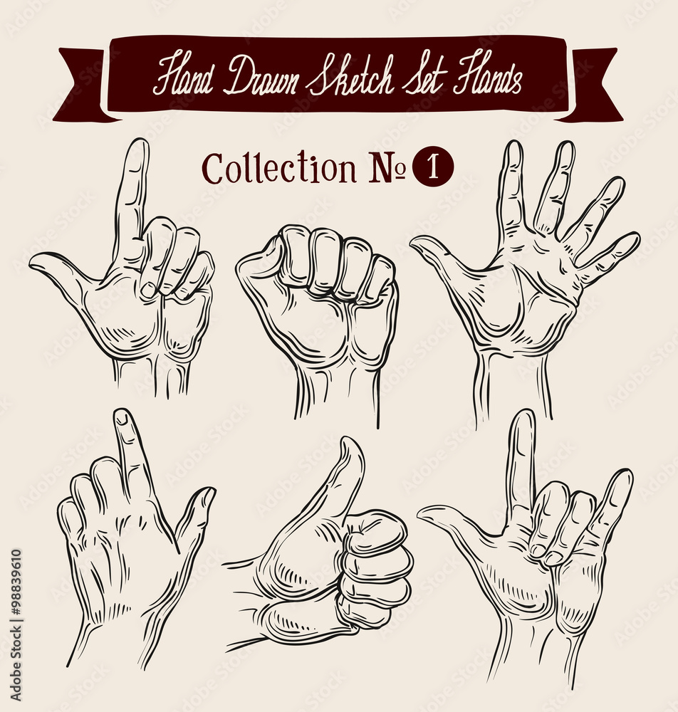 Hand drawn sketch set hands gestures. Vector illustration Stock Vector ...