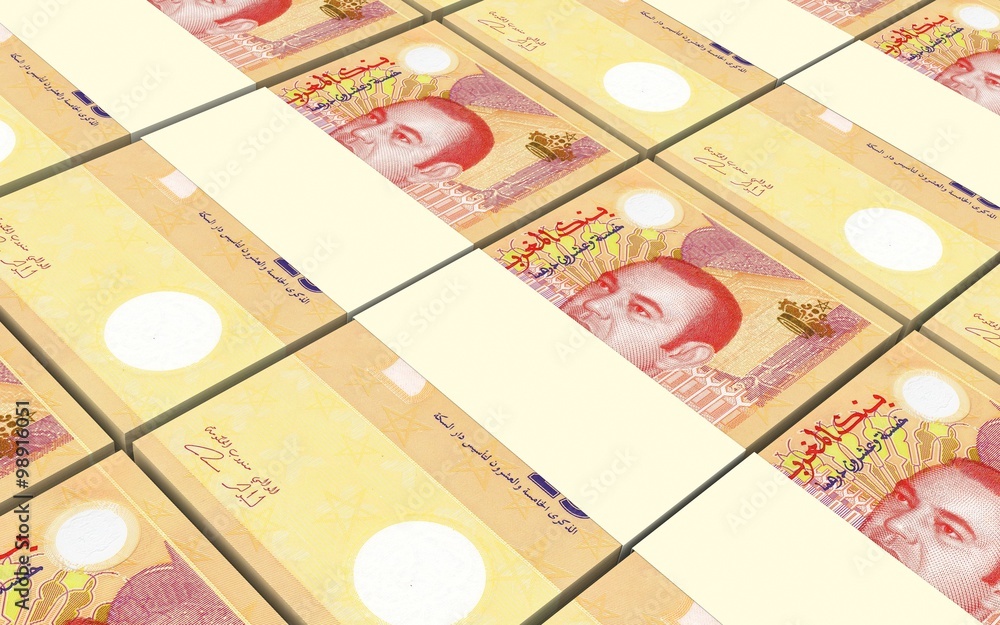 Moroccan dirhams bills stacks background. Computer generated 3D photo ...