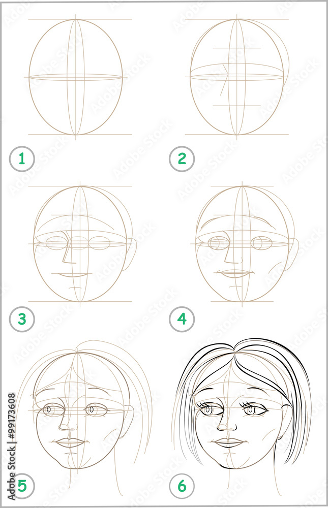 Page shows how to learn step by step to draw girls head. Developing skills for drawing. Vector ...