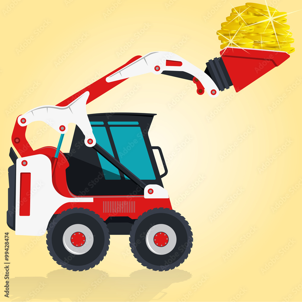 Red small digger builds roads, loads golden coins. Bagger digging of ...