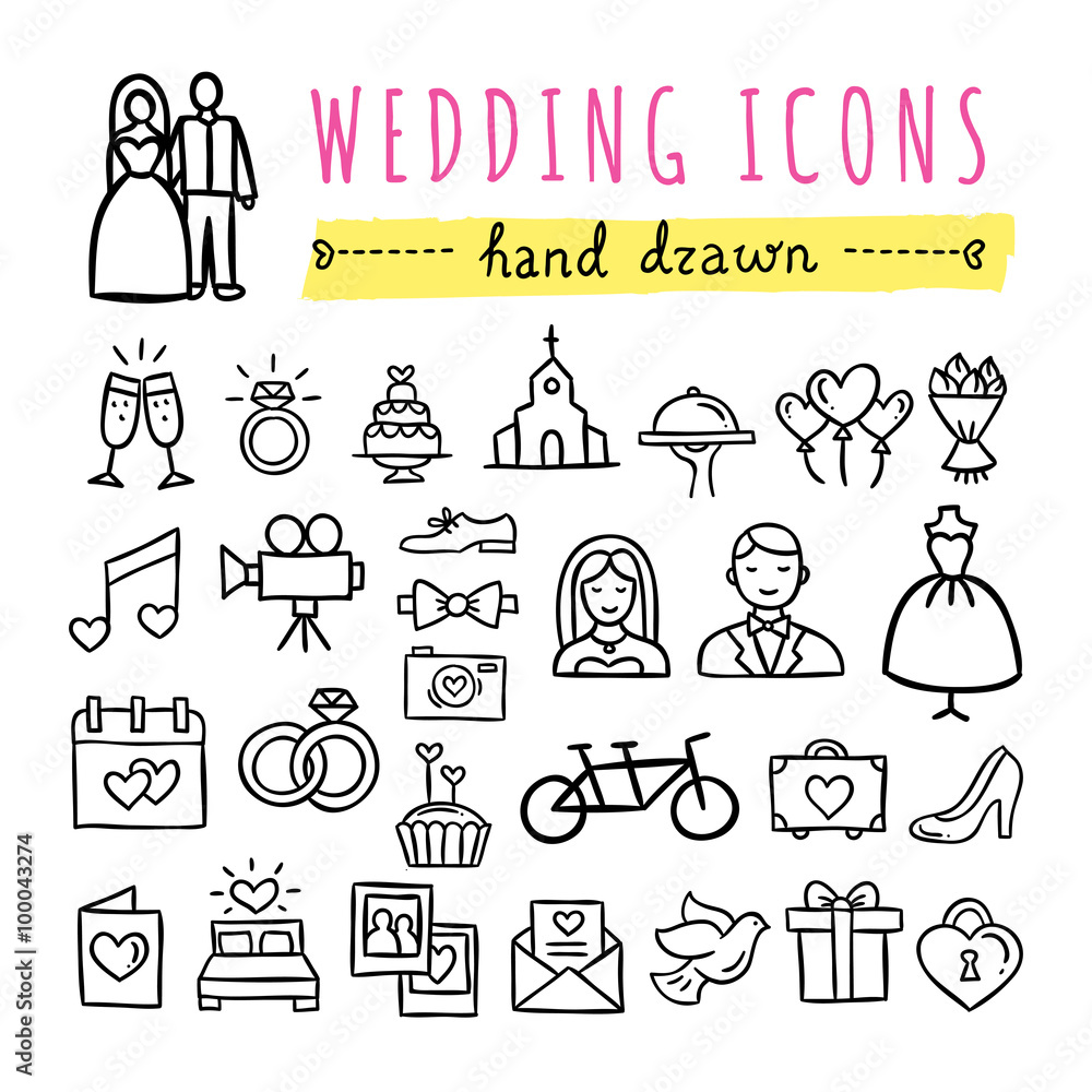 Hand drawn wedding icons: marriage, bride and groom, wedding couple ...