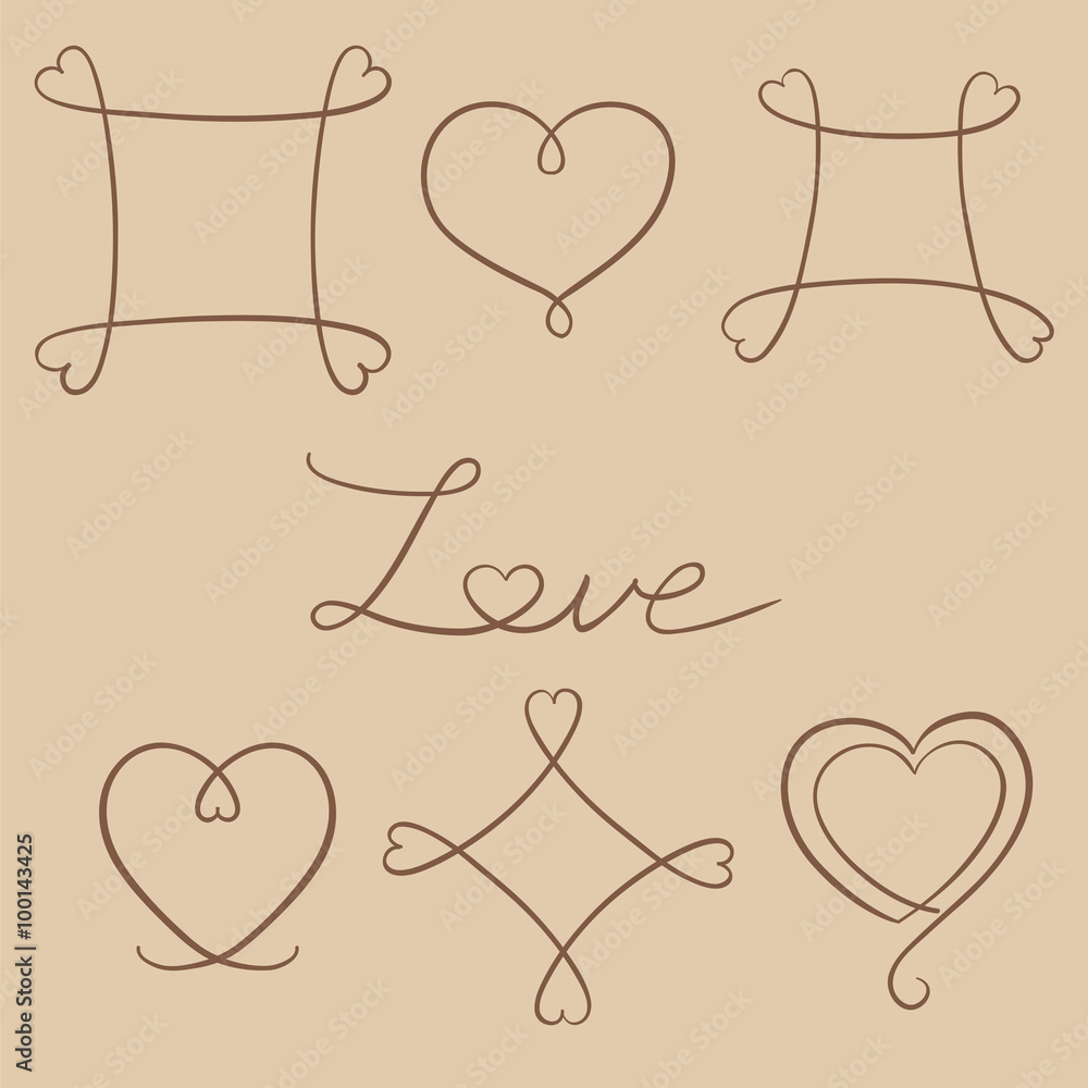 Hand drawn line frames with heart shape on craft paper. Set of copy ...