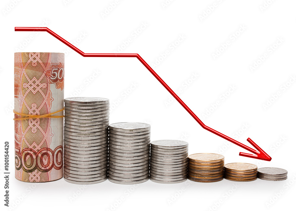 Schedule of decline of the ruble in banknotes and coins Stock Photo ...